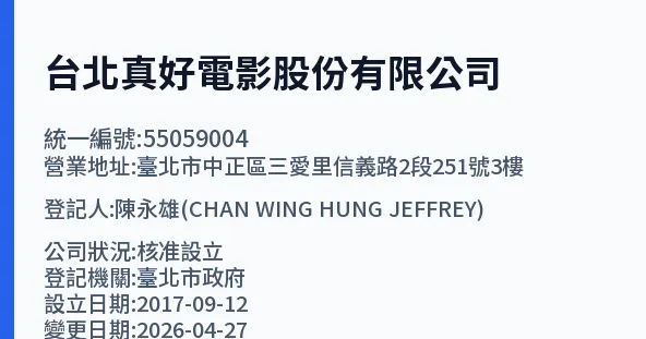 台北真好電影股份有限公司的照片-統編 55059004(臺北市) 公司登記資料與營業項目詳細圖表