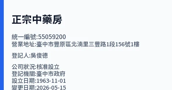 正宗中藥房的照片-統編 55059200(臺中市) 公司登記資料與營業項目詳細圖表