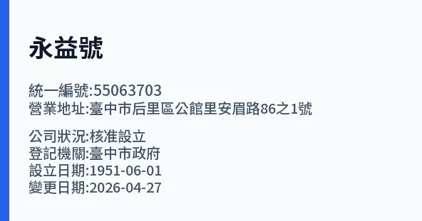 永益號的照片-統編 55063703(臺中市) 公司登記資料與營業項目詳細圖表