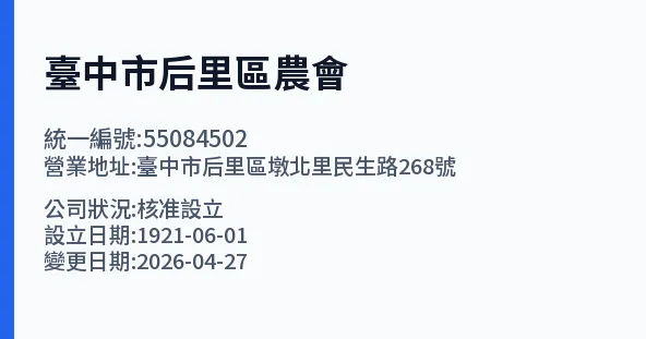 臺中市后里區農會的照片-統編 55084502(臺中市) 公司登記資料與營業項目詳細圖表