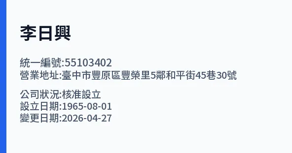 李日興的照片-統編 55103402(臺中市) 公司登記資料與營業項目詳細圖表