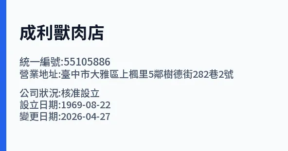 成利獸肉店的照片-統編 55105886(臺中市) 公司登記資料與營業項目詳細圖表