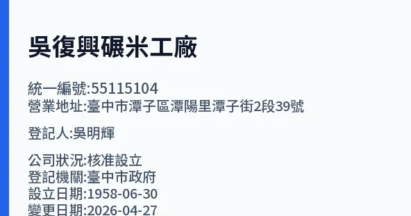 吳復興碾米工廠的照片-統編 55115104(臺中市) 公司登記資料與營業項目詳細圖表