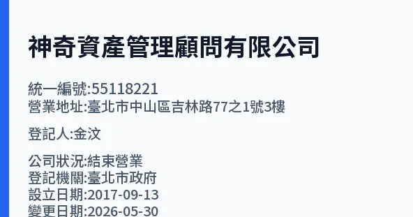 神奇資產管理顧問有限公司的照片-統編 55118221(臺北市) 公司登記資料與營業項目詳細圖表