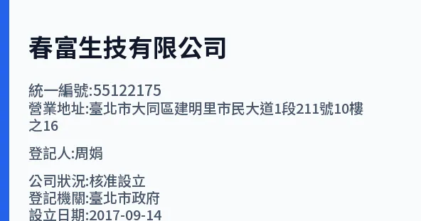 春富生技有限公司的照片-統編 55122175(臺北市) 公司登記資料與營業項目詳細圖表