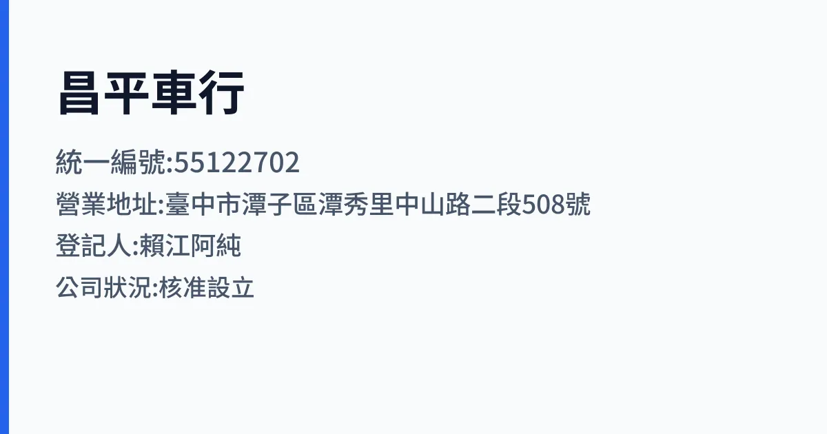 昌平車行 - 統編 55122702(臺中市) 公司登記資料與營業項目詳細圖表
