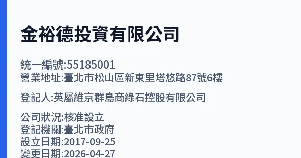 金裕德投資有限公司的照片-統編 55185001(臺北市) 公司登記資料與營業項目詳細圖表