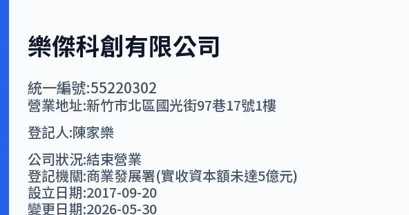 樂傑科創有限公司的照片-統編 55220302(新竹市) 公司登記資料與營業項目詳細圖表