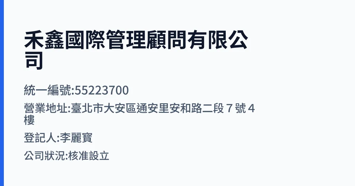 禾鑫國際管理顧問有限公司 - 統編 55223700(臺北市) 公司登記資料與營業項目詳細圖表