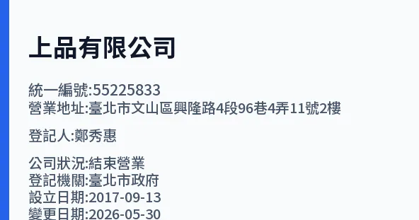 上品有限公司的照片-統編 55225833(臺北市) 公司登記資料與營業項目詳細圖表