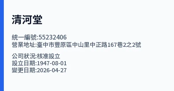 清河堂的照片-統編 55232406(臺中市) 公司登記資料與營業項目詳細圖表