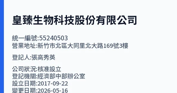 皇臻生物科技股份有限公司的照片-統編 55240503(新竹市) 公司登記資料與營業項目詳細圖表