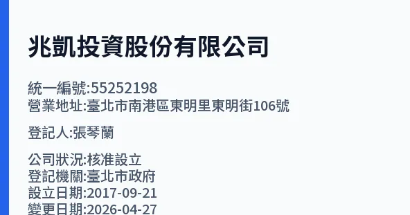 兆凱投資股份有限公司的照片-統編 55252198(臺北市) 公司登記資料與營業項目詳細圖表
