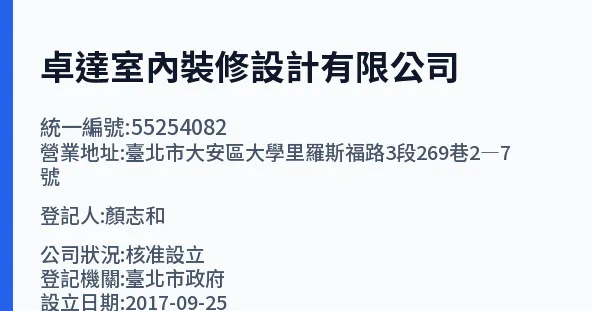 卓達室內裝修設計有限公司的照片-統編 55254082(臺北市) 公司登記資料與營業項目詳細圖表