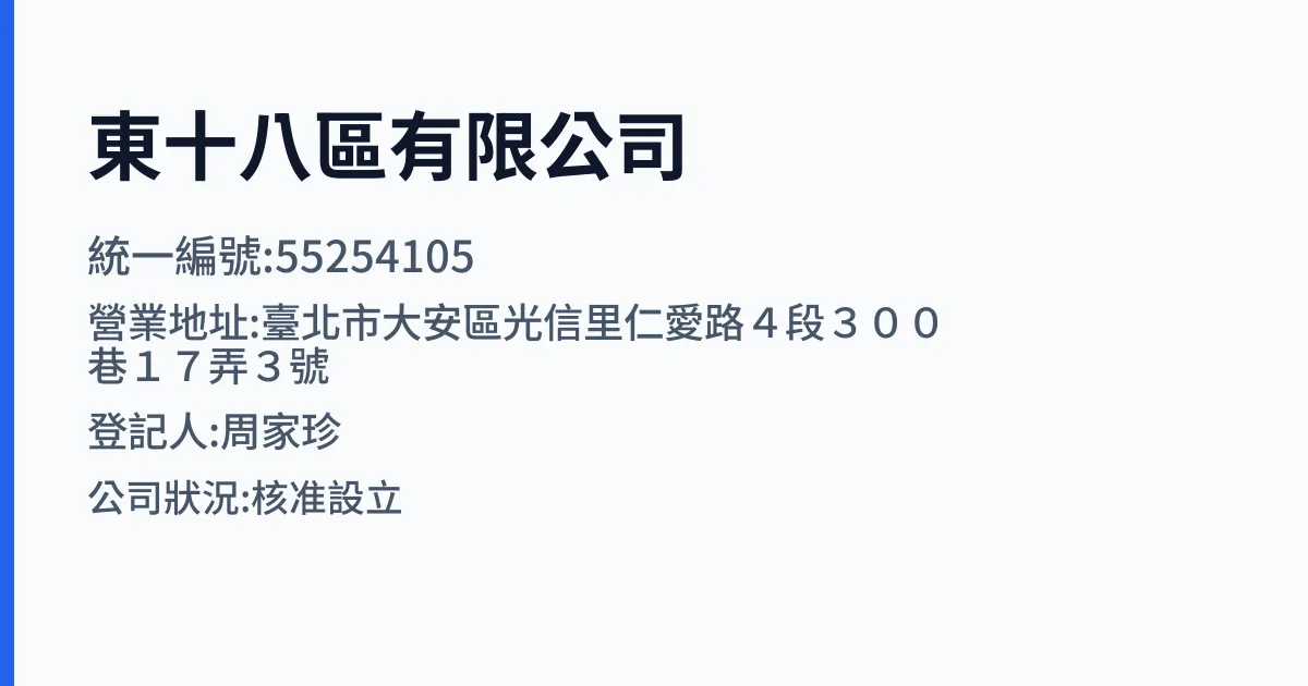 東十八區有限公司 - 統編 55254105(臺北市) 公司登記資料與營業項目詳細圖表