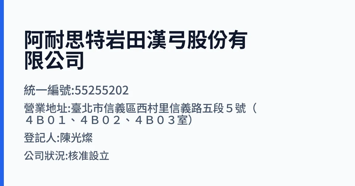 阿耐思特岩田漢弓股份有限公司 - 統編 55255202(臺北市) 公司登記資料與營業項目詳細圖表
