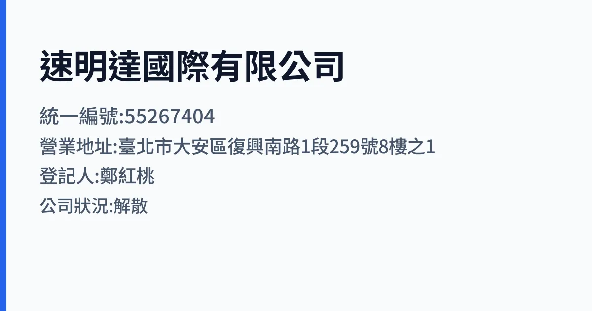 速明達國際有限公司 - 統編 55267404(臺北市) 公司登記資料與營業項目詳細圖表