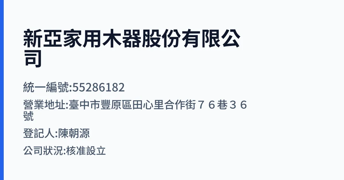 新亞家用木器股份有限公司 - 統編 55286182(臺中市) 公司登記資料與營業項目詳細圖表