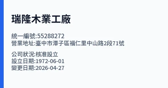 瑞隆木業工廠的照片-統編 55288272(臺中市) 公司登記資料與營業項目詳細圖表
