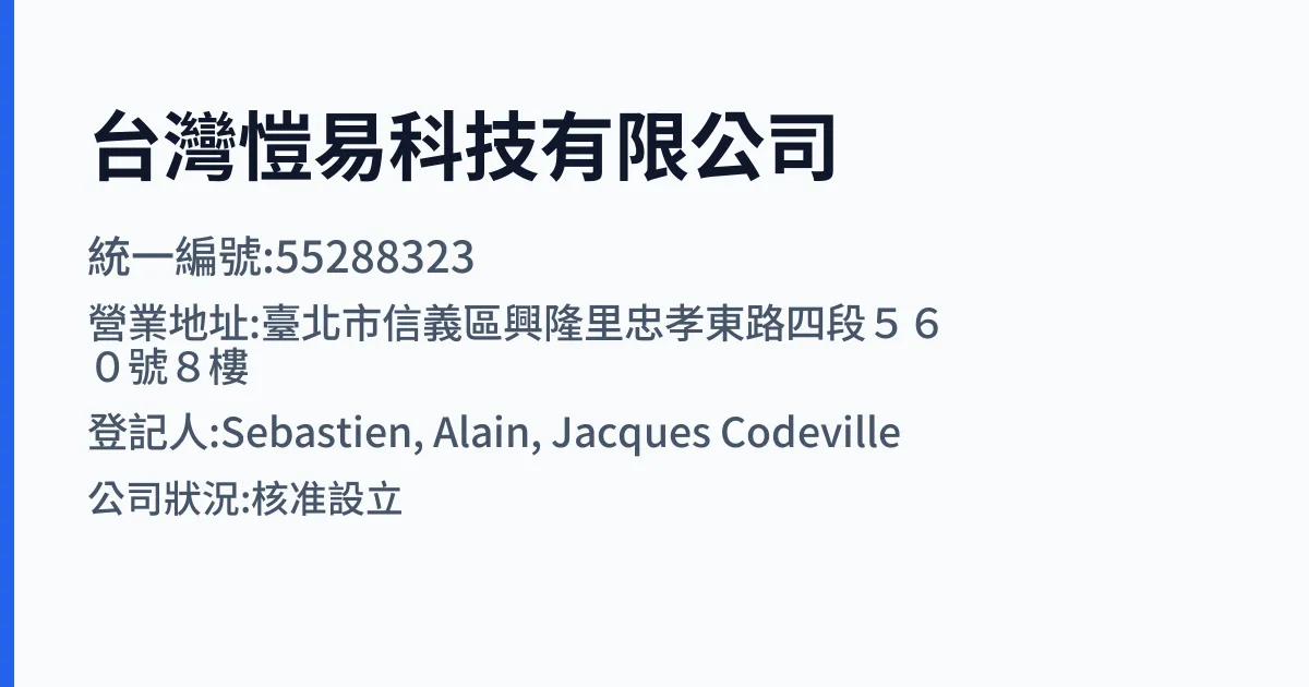 台灣愷易科技有限公司 - 統編 55288323(臺北市) 公司登記資料與營業項目詳細圖表