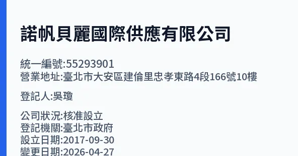 諾帆貝麗國際供應有限公司的照片-統編 55293901(臺北市) 公司登記資料與營業項目詳細圖表