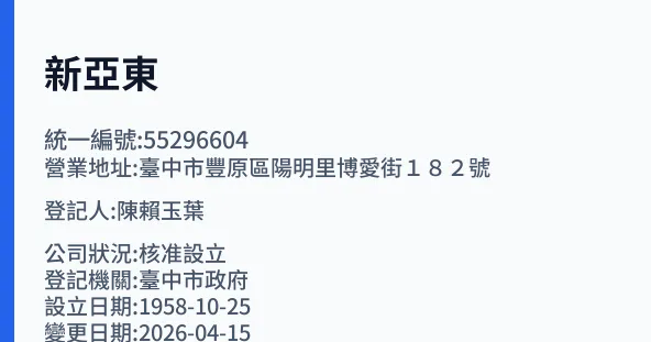 新亞東的照片-統編 55296604(臺中市) 公司登記資料與營業項目詳細圖表