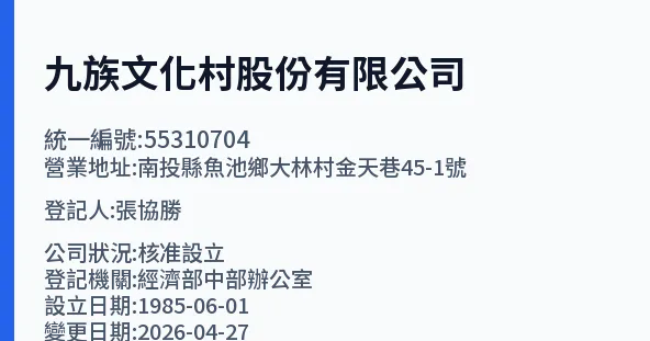 九族文化村股份有限公司的照片-統編 55310704(南投縣) 公司登記資料與營業項目詳細圖表