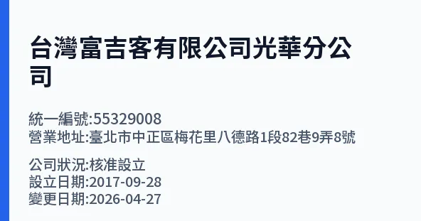 台灣富吉客有限公司光華分公司的照片-統編 55329008(臺北市) 公司登記資料與營業項目詳細圖表