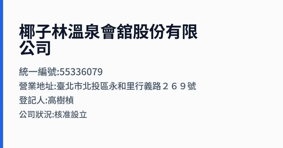 椰子林溫泉會舘股份有限公司 - 統編 55336079(臺北市) 公司登記資料與營業項目詳細圖表