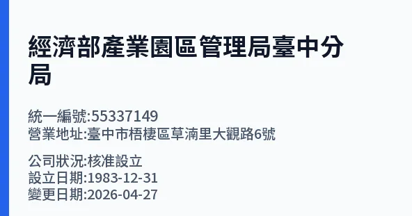 經濟部產業園區管理局臺中分局的照片-統編 55337149(臺中市) 公司登記資料與營業項目詳細圖表