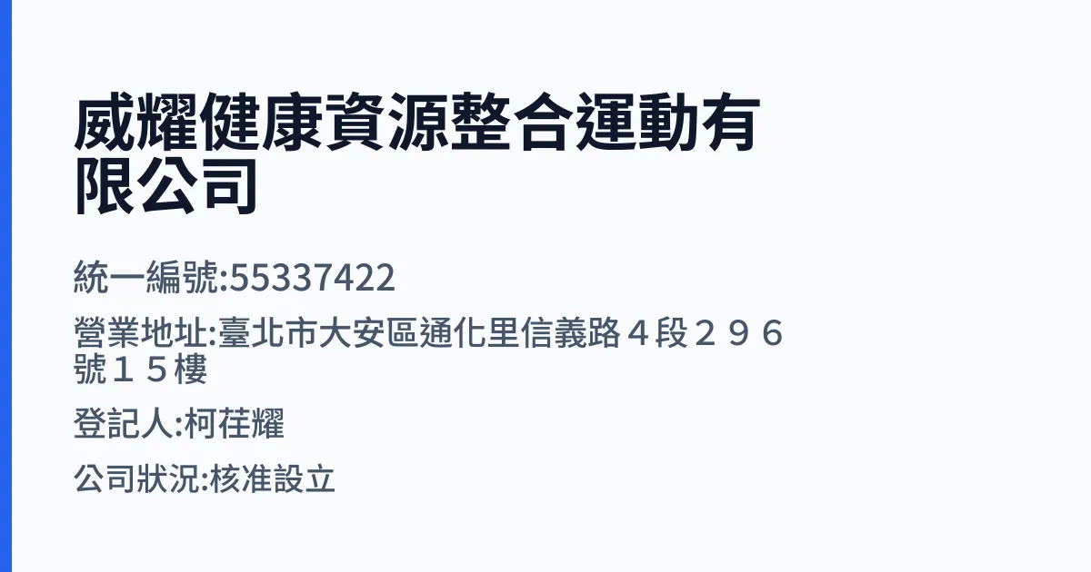 威耀健康資源整合運動有限公司 - 統編 55337422(臺北市) 公司登記資料與營業項目詳細圖表