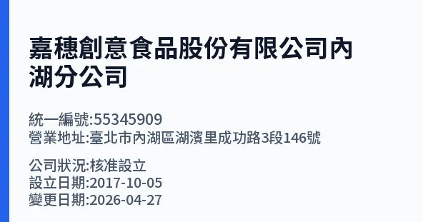 嘉穗創意食品股份有限公司內湖分公司的照片-統編 55345909(臺北市) 公司登記資料與營業項目詳細圖表