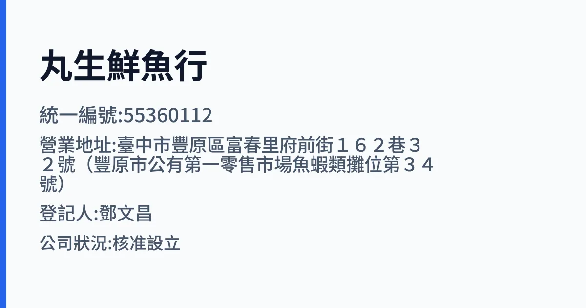 丸生鮮魚行 - 統編 55360112(臺中市) 公司登記資料與營業項目詳細圖表