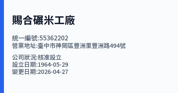 賜合碾米工廠的照片-統編 55362202(臺中市) 公司登記資料與營業項目詳細圖表