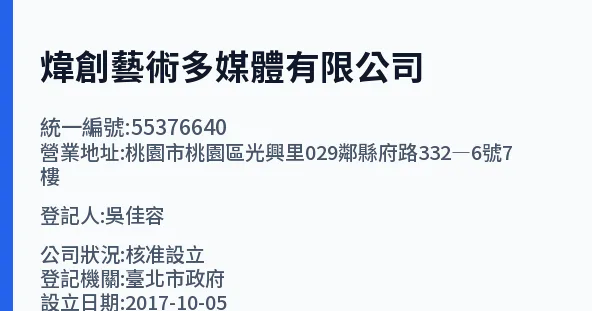 煒創藝術多媒體有限公司的照片-統編 55376640(桃園市) 公司登記資料與營業項目詳細圖表