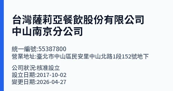 台灣薩莉亞餐飲股份有限公司中山南京分公司的照片-統編 55387800(臺北市) 公司登記資料與營業項目詳細圖表