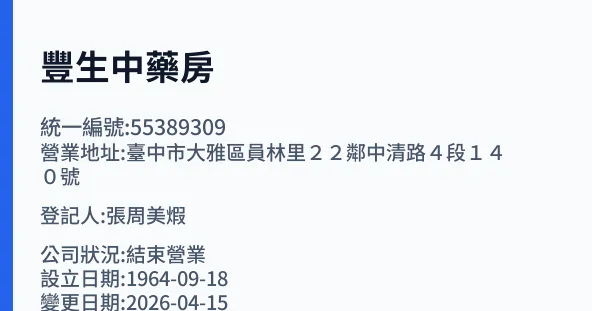 豐生中藥房的照片-統編 55389309(臺中市) 公司登記資料與營業項目詳細圖表