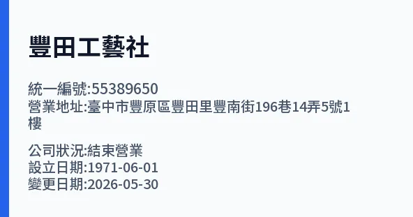 豐田工藝社的照片-統編 55389650(臺中市) 公司登記資料與營業項目詳細圖表