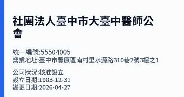 社團法人臺中市大臺中醫師公會的照片-統編 55504005(臺中市) 公司登記資料與營業項目詳細圖表