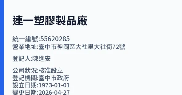 連一塑膠製品廠的照片-統編 55620285(臺中市) 公司登記資料與營業項目詳細圖表