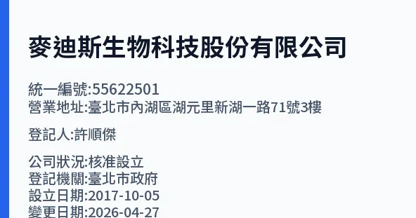 麥迪斯生物科技股份有限公司的照片-統編 55622501(臺北市) 公司登記資料與營業項目詳細圖表