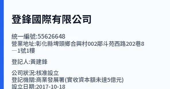 登鋒國際有限公司的照片-統編 55626648(彰化縣) 公司登記資料與營業項目詳細圖表