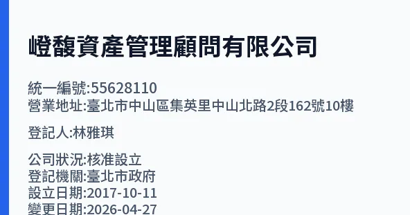 嶝馥資產管理顧問有限公司的照片-統編 55628110(臺北市) 公司登記資料與營業項目詳細圖表