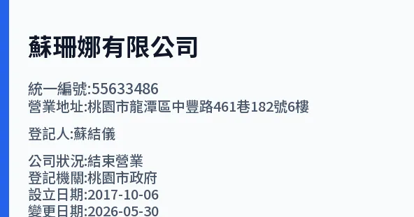 蘇珊娜有限公司的照片-統編 55633486(桃園市) 公司登記資料與營業項目詳細圖表
