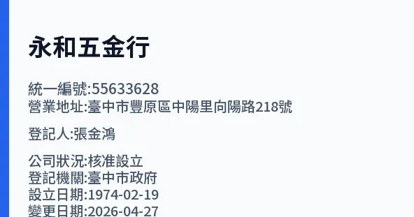 永和五金行的照片-統編 55633628(臺中市) 公司登記資料與營業項目詳細圖表