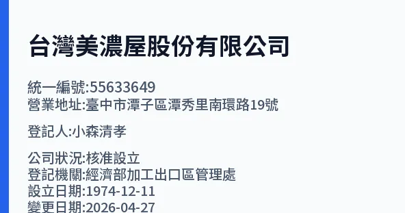 台灣美濃屋股份有限公司的照片-統編 55633649(臺中市) 公司登記資料與營業項目詳細圖表