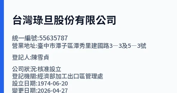 台灣琭旦股份有限公司的照片-統編 55635787(臺中市) 公司登記資料與營業項目詳細圖表