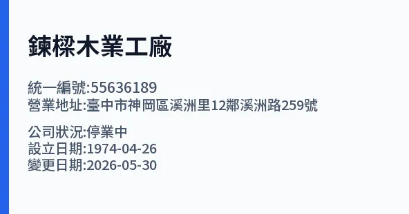 鍊樑木業工廠的照片-統編 55636189(臺中市) 公司登記資料與營業項目詳細圖表