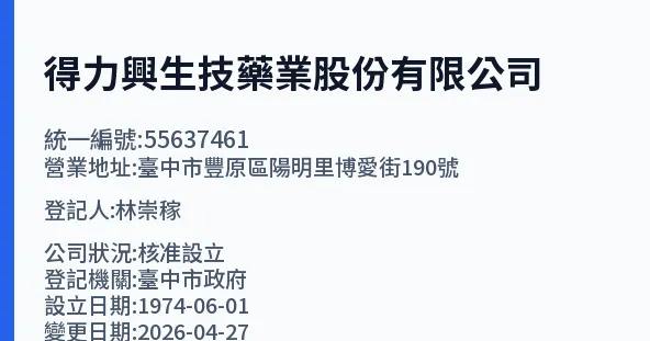 得力興生技藥業股份有限公司的照片-統編 55637461(臺中市) 公司登記資料與營業項目詳細圖表