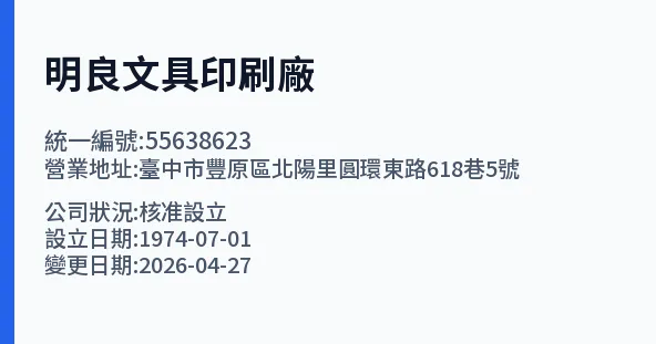 明良文具印刷廠的照片-統編 55638623(臺中市) 公司登記資料與營業項目詳細圖表